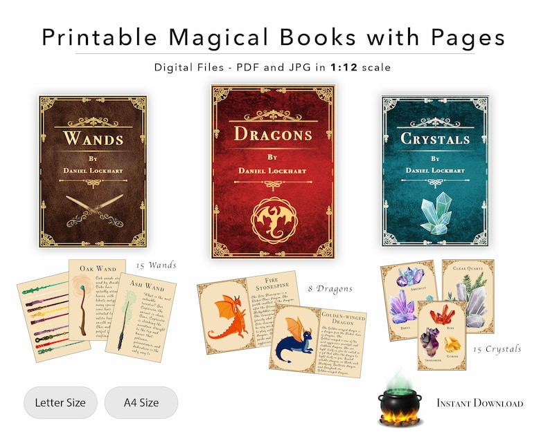 3 Printable Magical Books With Pages Wands Dragons and - Etsy