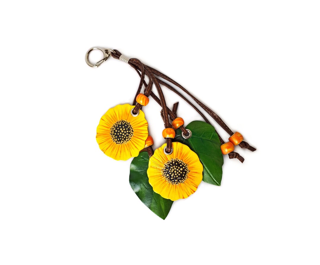 Leather Bag Charm Sunflower and Leaves Yellow Daisy Handbag - Etsy
