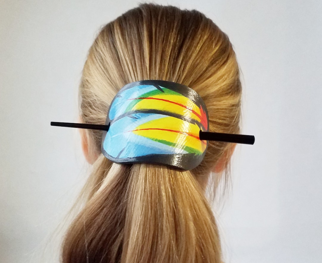 Leather Hair Slide Two Macaw Feathers Parrot With Wooden Stick ...