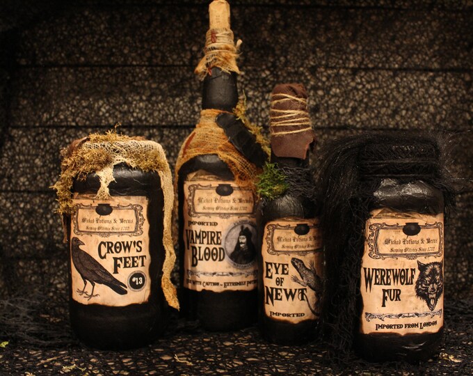 Halloween Potion Bottle Set, Vampire Blood, Werewolf Fur, Crow's Feet ...