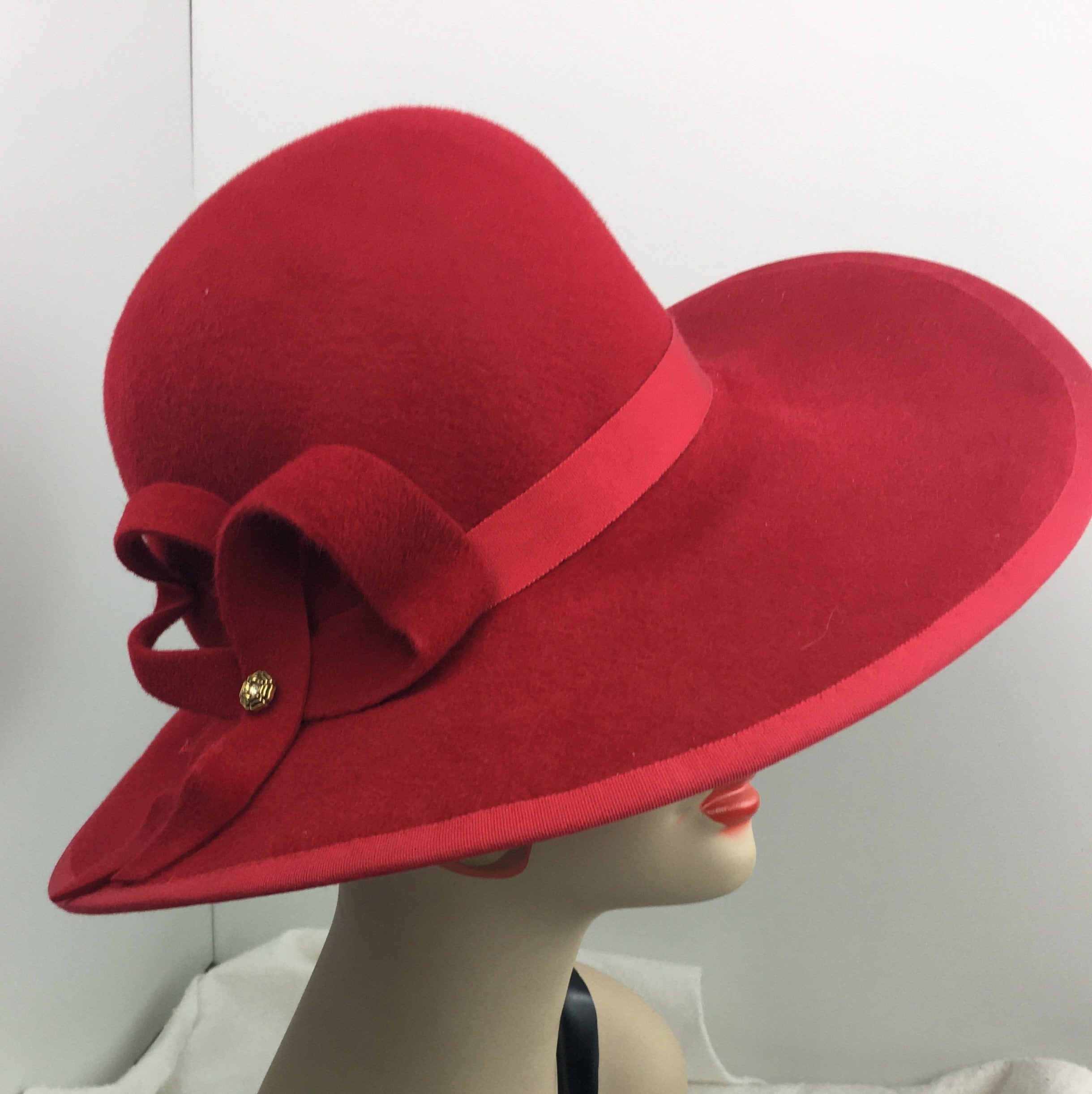 Woman's Velour Millinery Hat Large Brim Red Hand Sewn Vintage Look