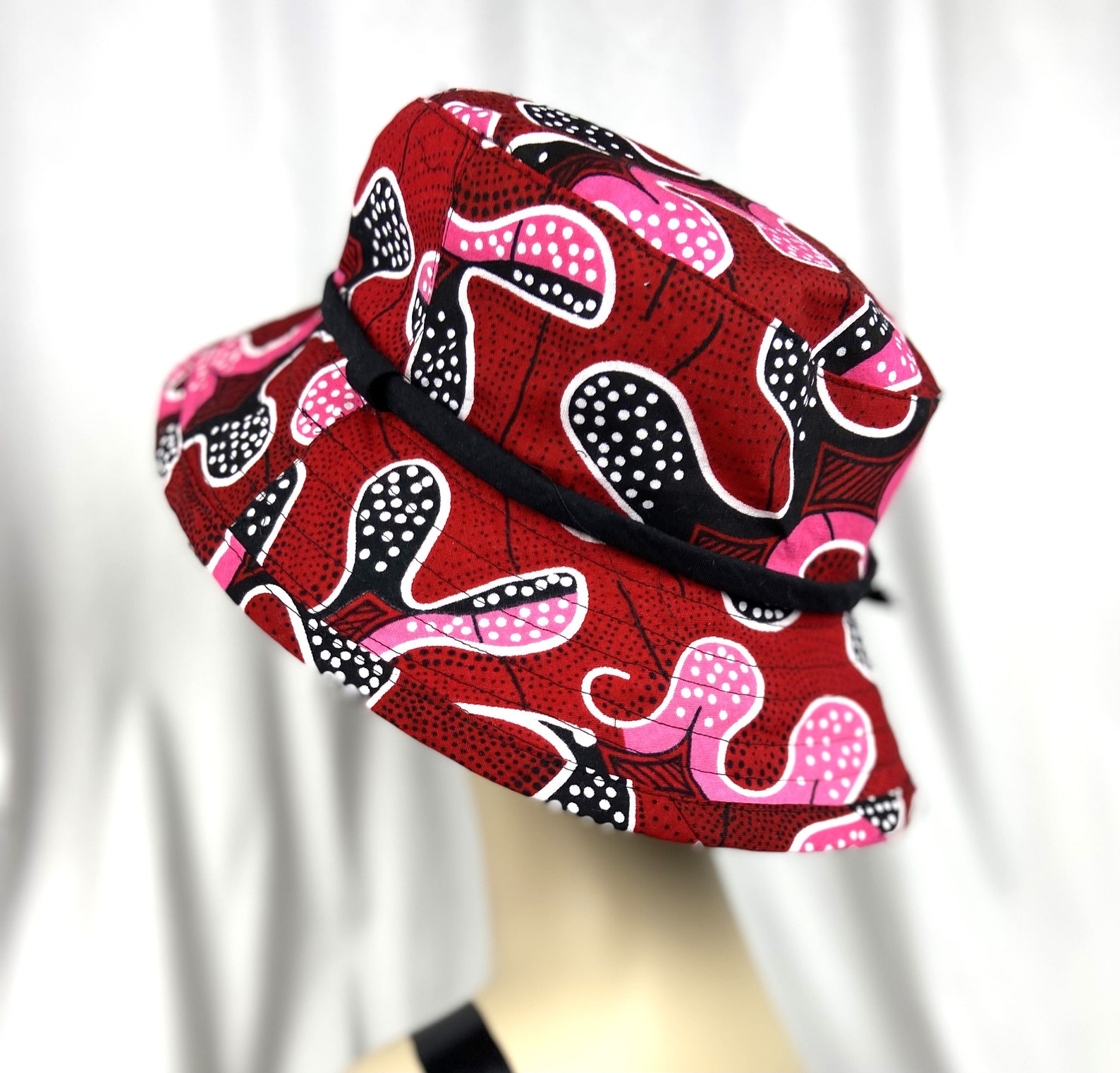 Cotton Bucket Hat, Red African Print With Black, Handmade, Adjustable ...