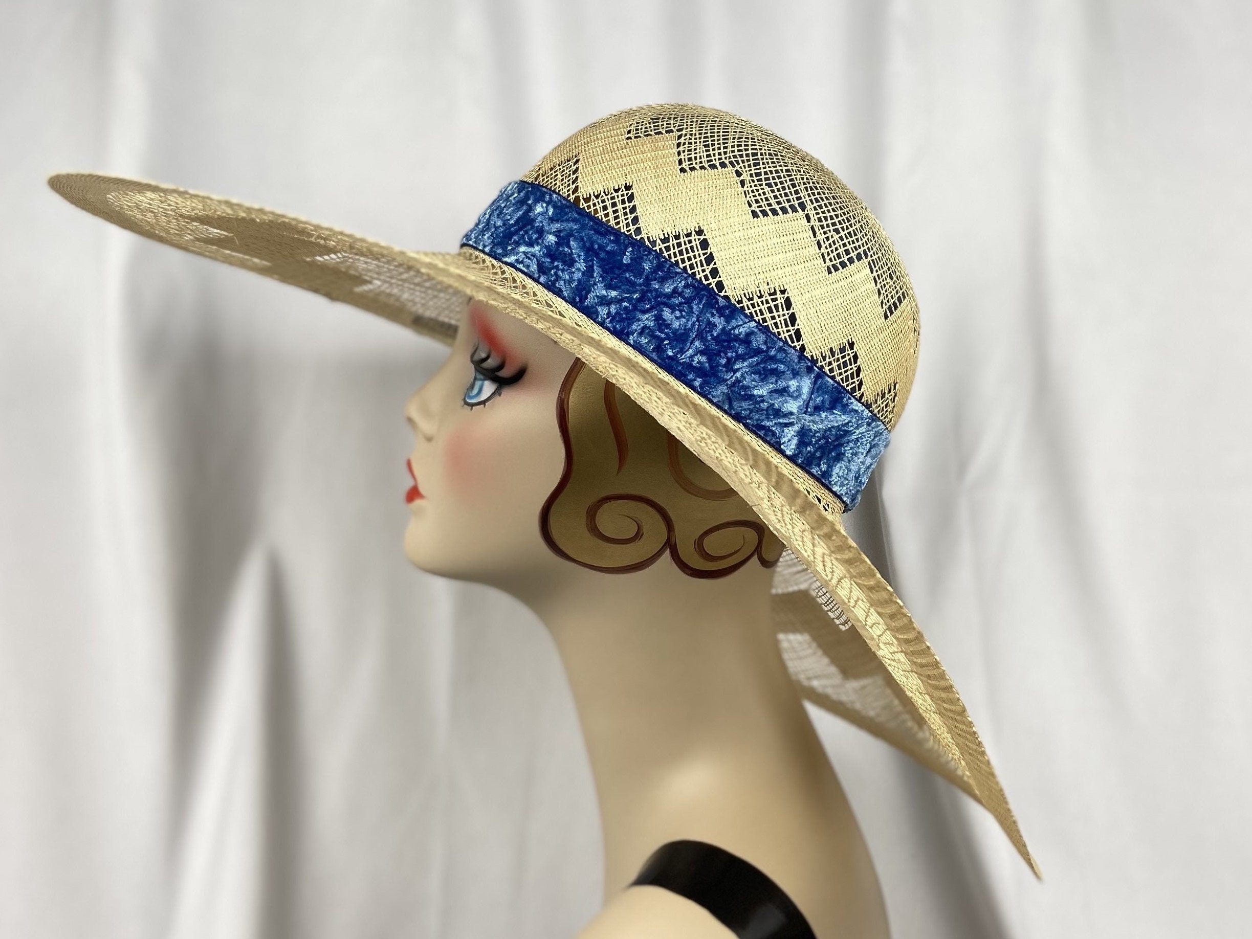 Open Weave Straw Hat, Natural Straw, Wide Brim, Blue Trim, Handmade ...