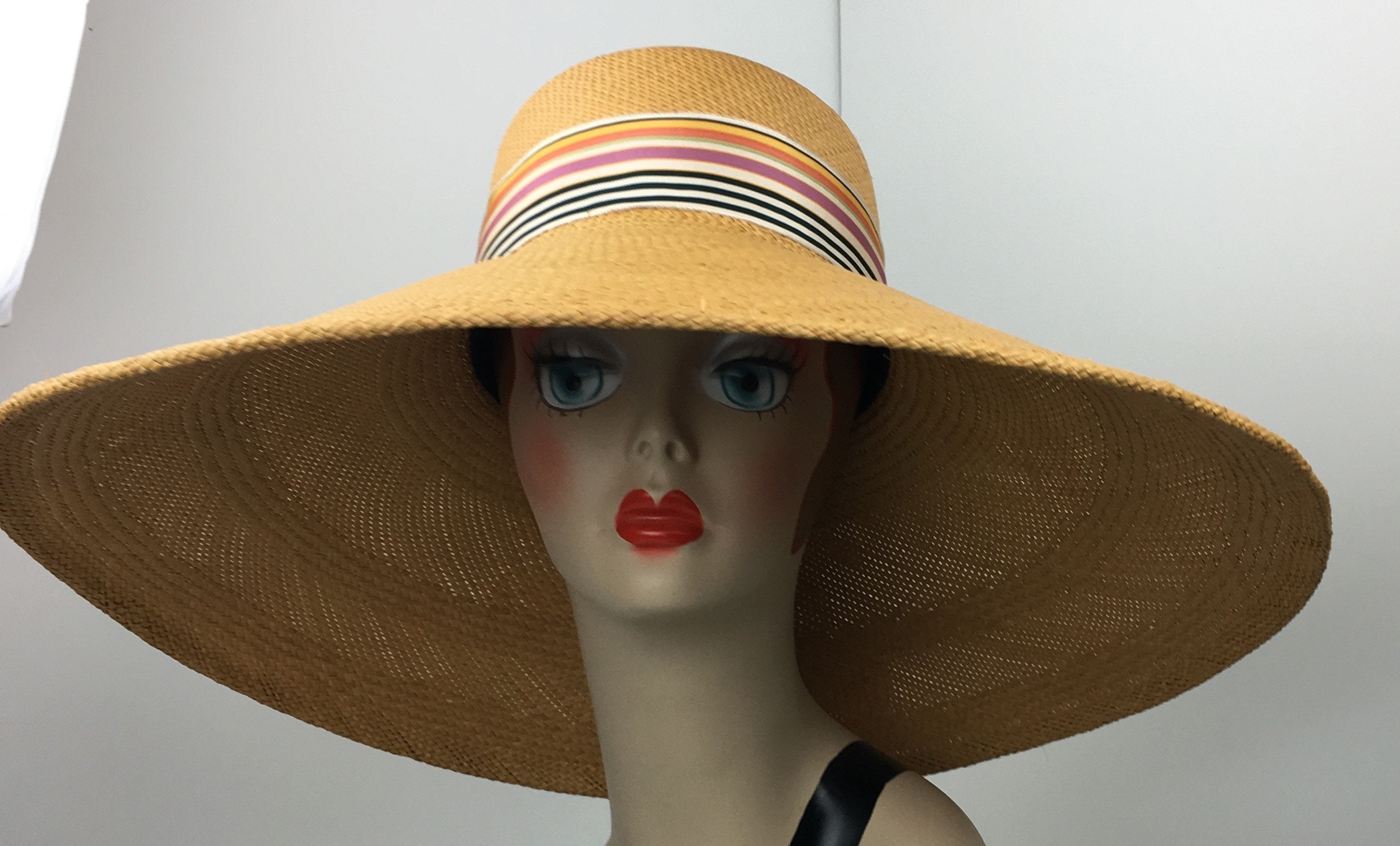 Panama Straw Hat Women Extra Wide Brim Gold Vintage Trim Sun Hat Garden