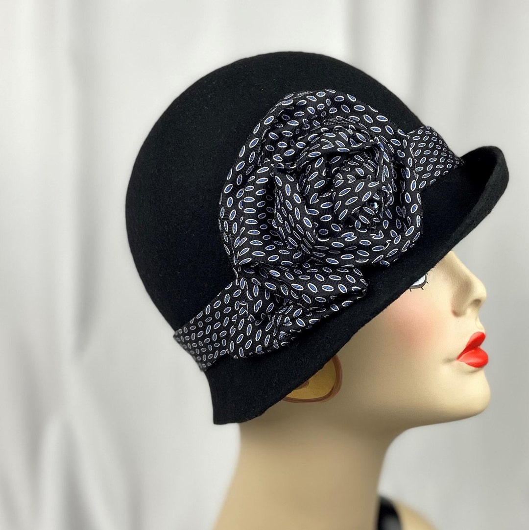 Black Cloche Hat, 1930s Look, Handmade Hat, Upcycled Silk Trim, Wool ...