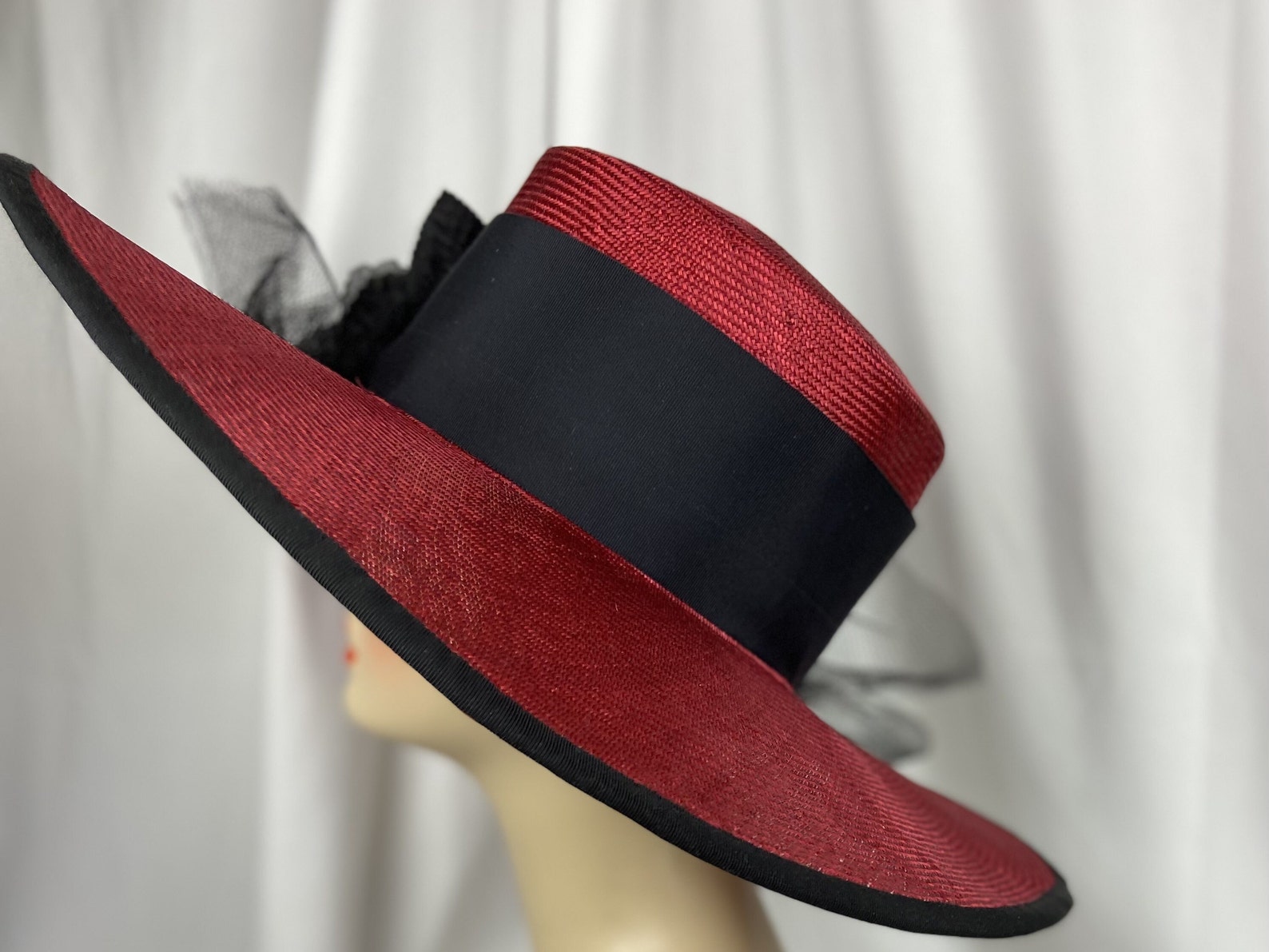 Wide Brim Formal Hat, Red With Black, Parasisal Straw Handmade ...
