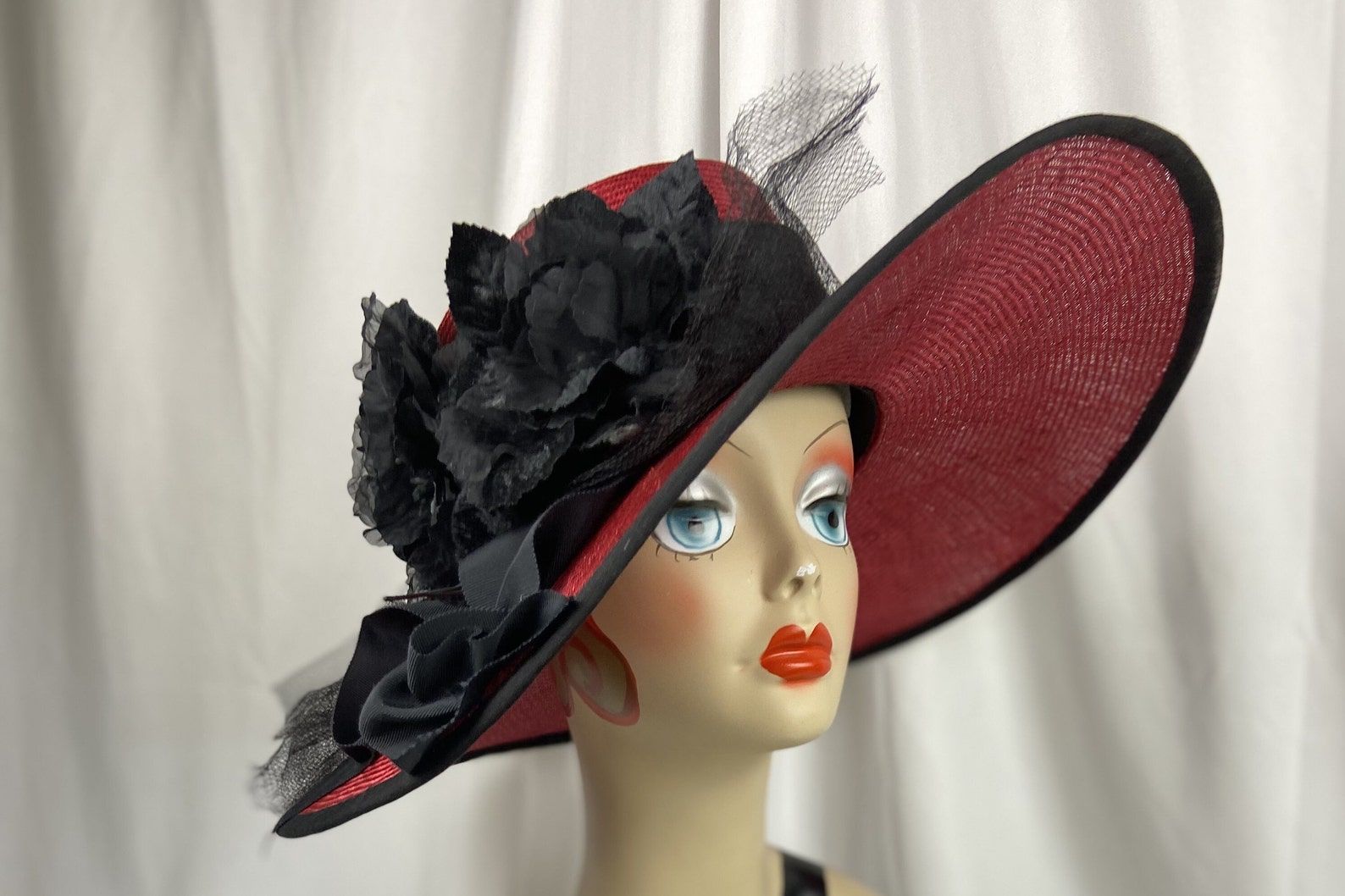Wide Brim Formal Hat, Red With Black, Parasisal Straw Handmade ...