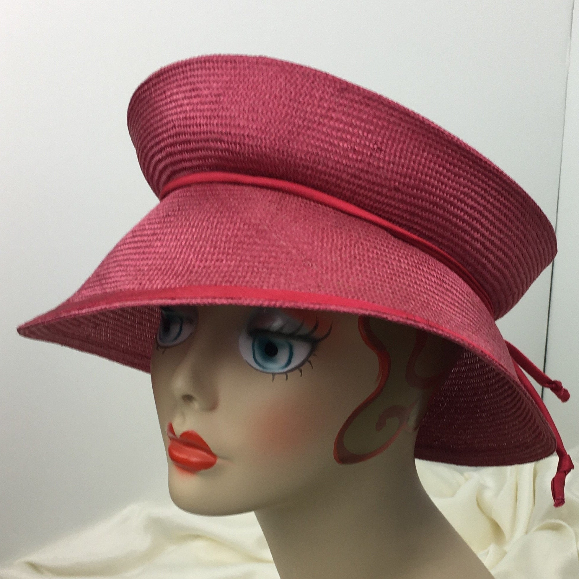 Fine Parasisal Straw Travel Hat Rosy Red Silk Trim Wide Brim