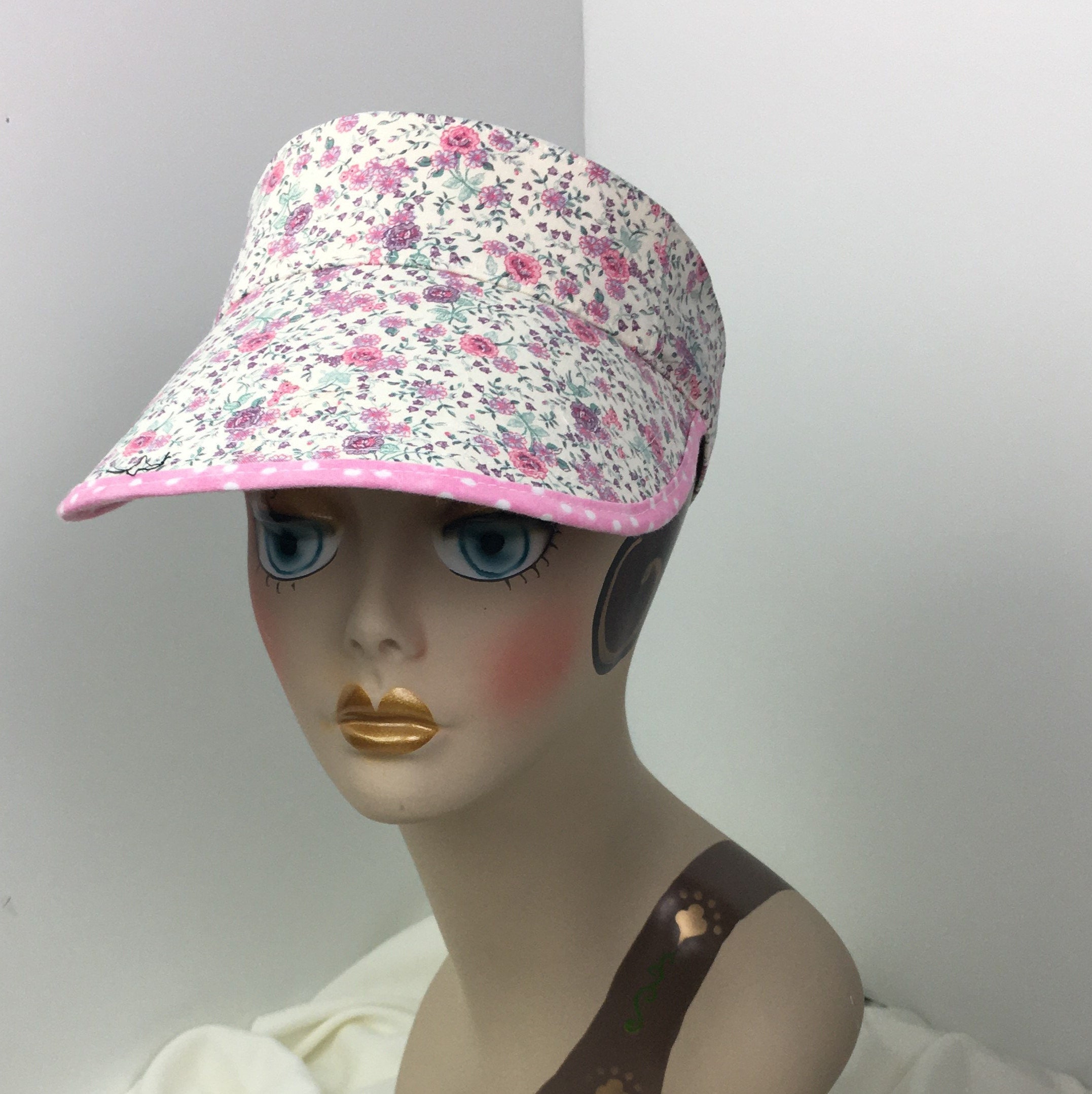 Woman's Visor Hat Sports Cotton Flowered Polka Dots Golf Spectator Handmade