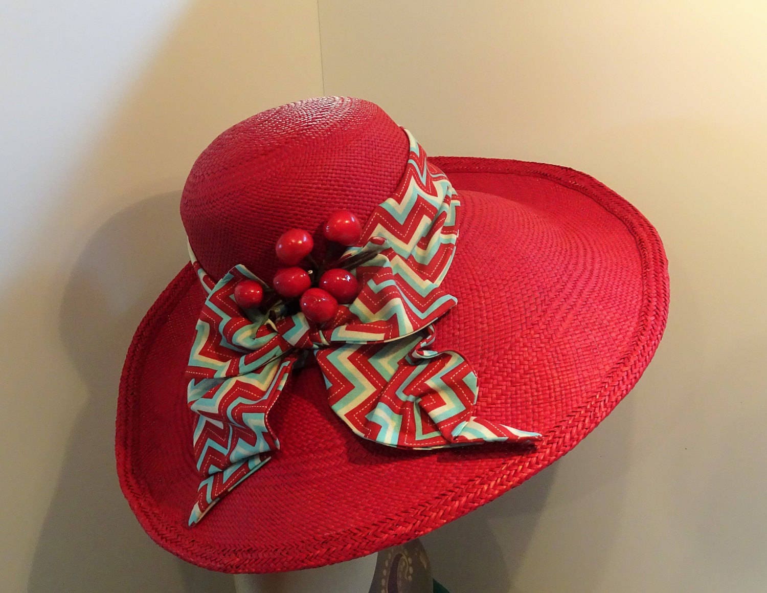 Cherry Red Panama Straw Hat Wide Brim 1940's