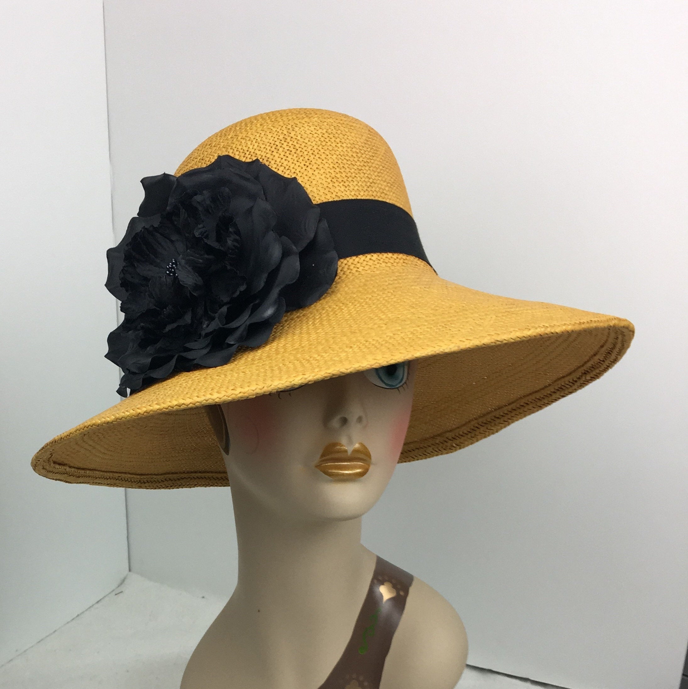 Panama Straw Hat Wide Brim Gold Black Easter Summer Wedding Guest Millinery