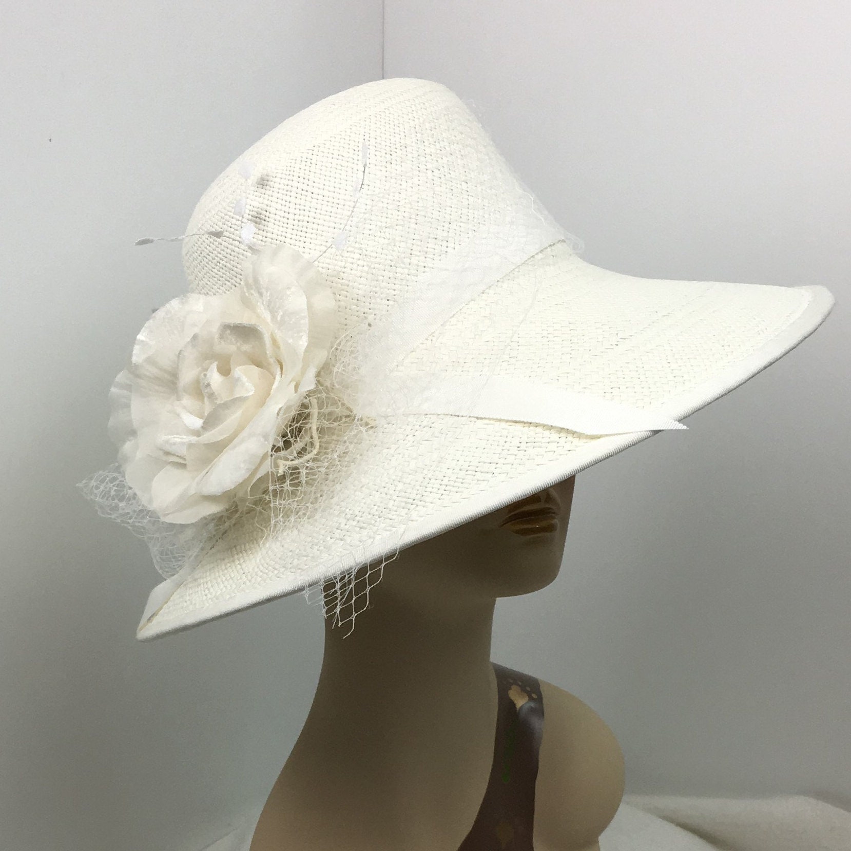 White Panama Straw Hat Woman's Hand Made 4 Brim Wedding Special Occasion