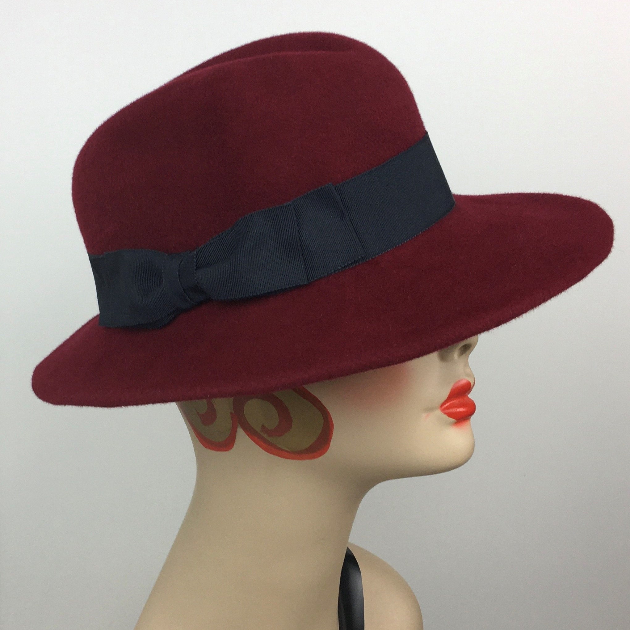 Handmade Woman's Fedora Hat Velour Felt Cranberry Navy Medium Classic ...