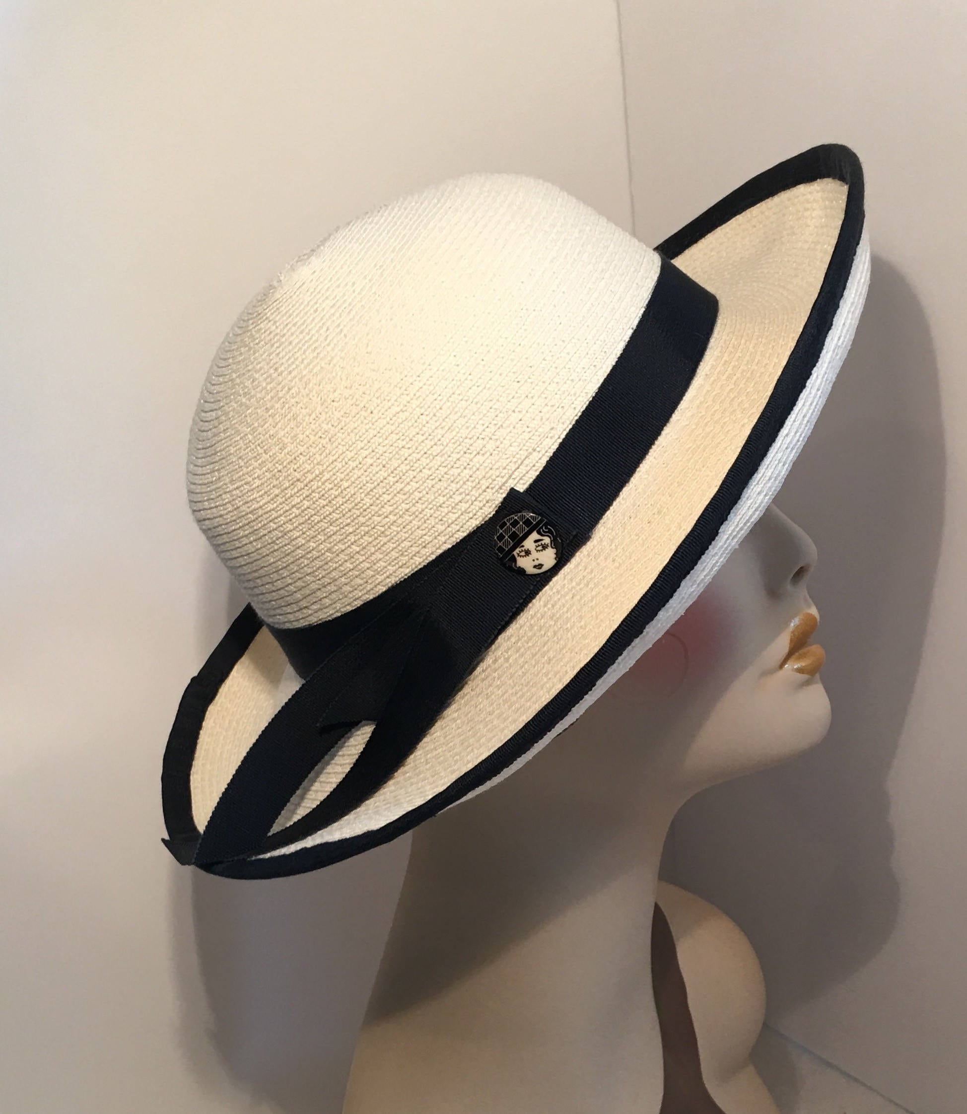 Women's Summer Straw Hat Black and Cream Vintage Look
