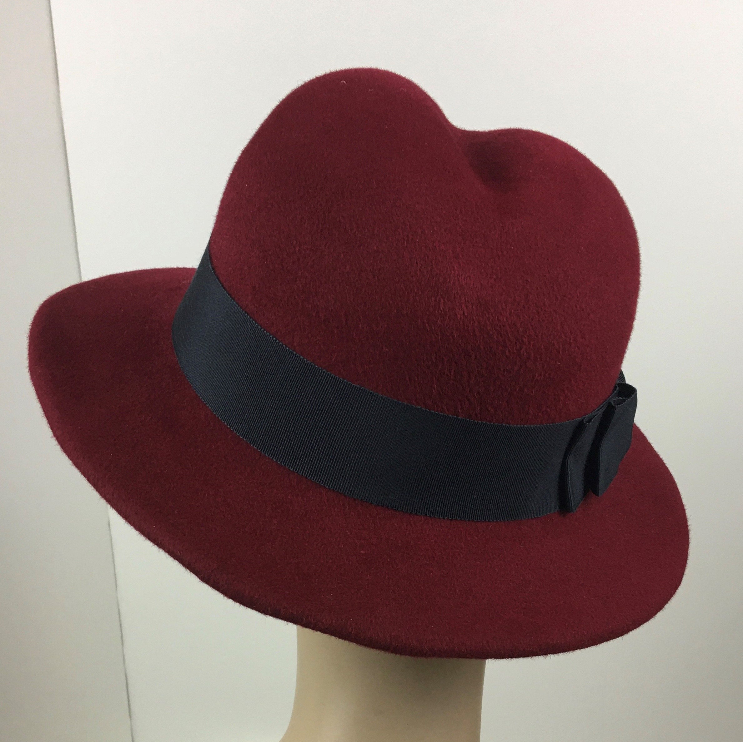 Handmade Woman's Fedora Hat Velour Felt Cranberry Navy Medium Classic ...