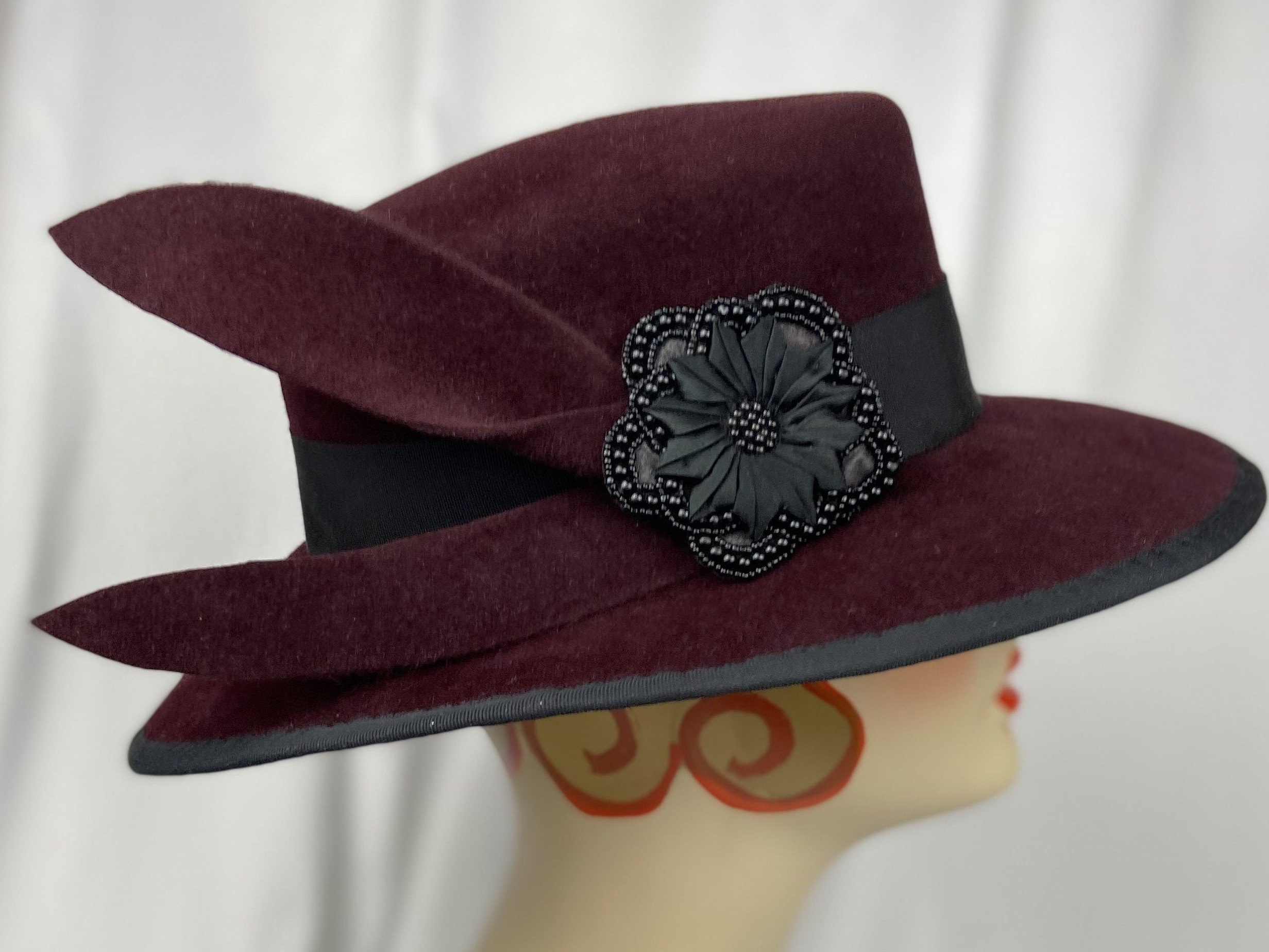 Handmade Boater Style Velour Felt Hat, Burgundy With Black, Fall Hat - Etsy