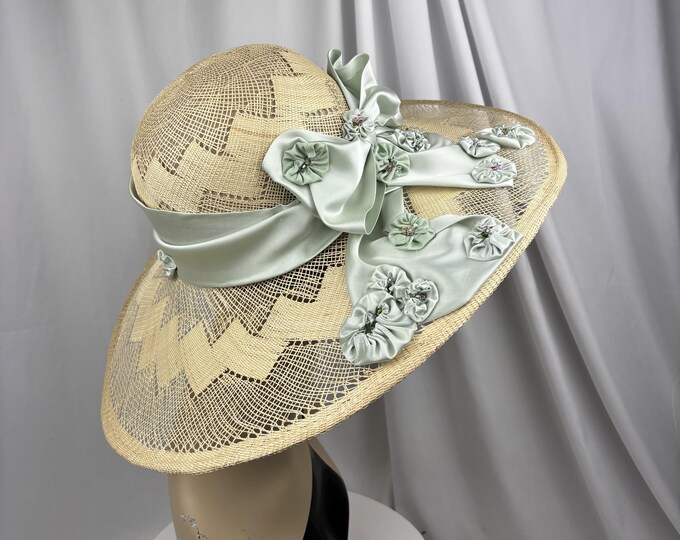 Wide Brim, Open Weave Straw Hat, Satin Trim, Formal Hat, Handmade ...