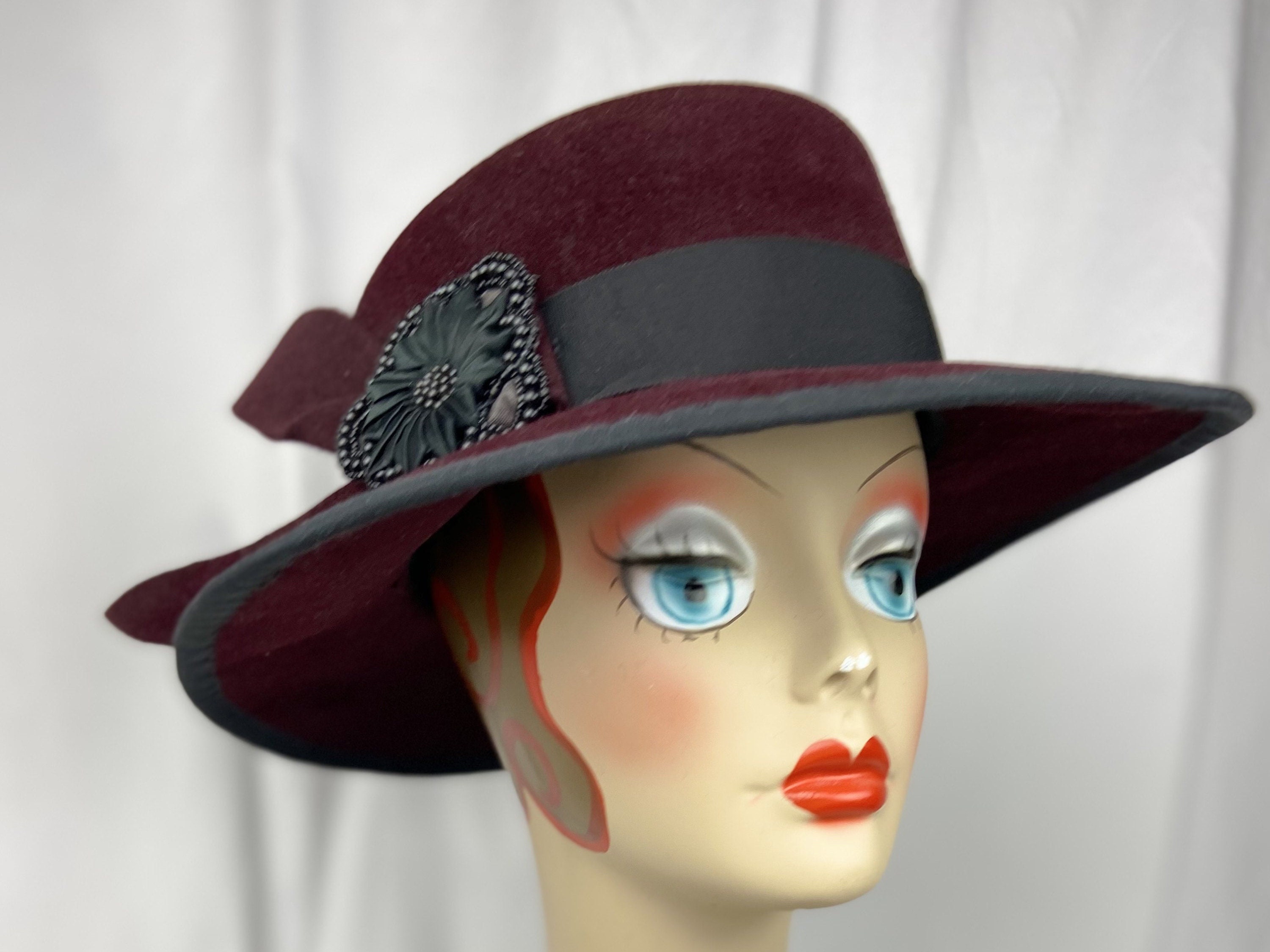 Handmade Boater Style Velour Felt Hat, Burgundy With Black, Fall Hat - Etsy