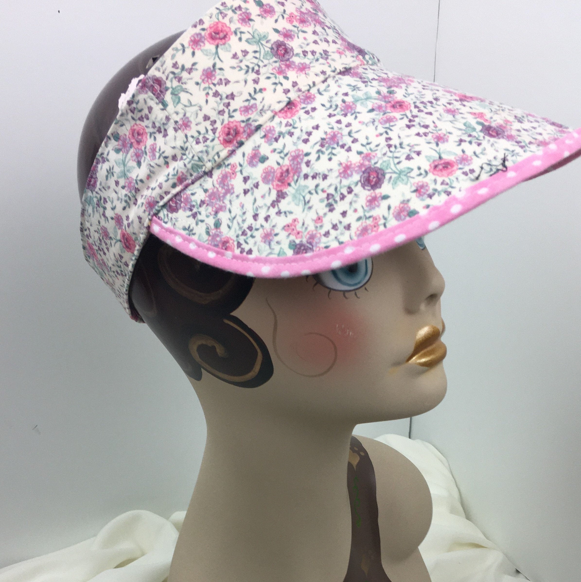 Woman's Visor Hat Sports Cotton Flowered Polka Dots Golf Spectator Handmade