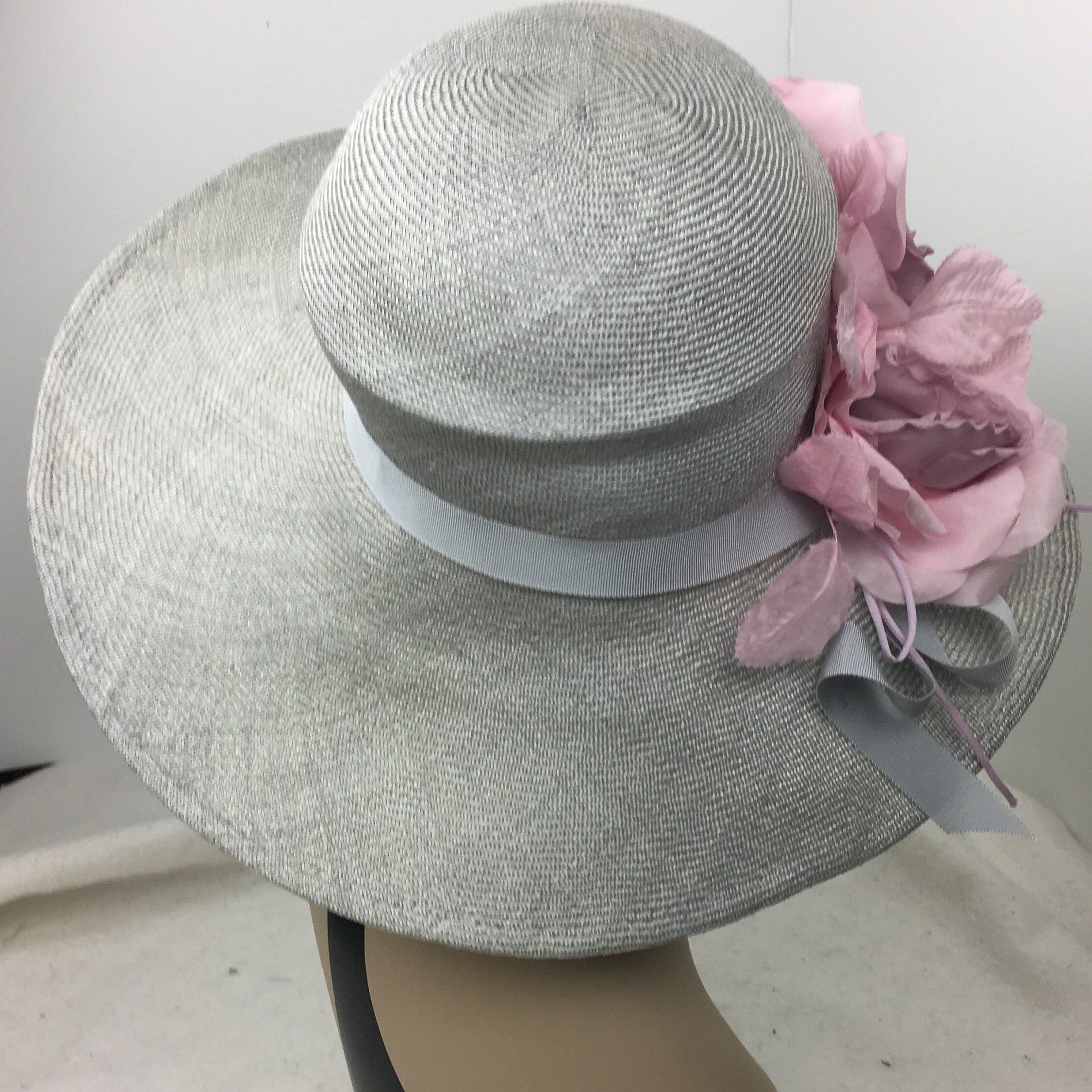 Parasisal Straw Hat Woman's Silver Gray Pink Wide Brim Elegant Romantic ...