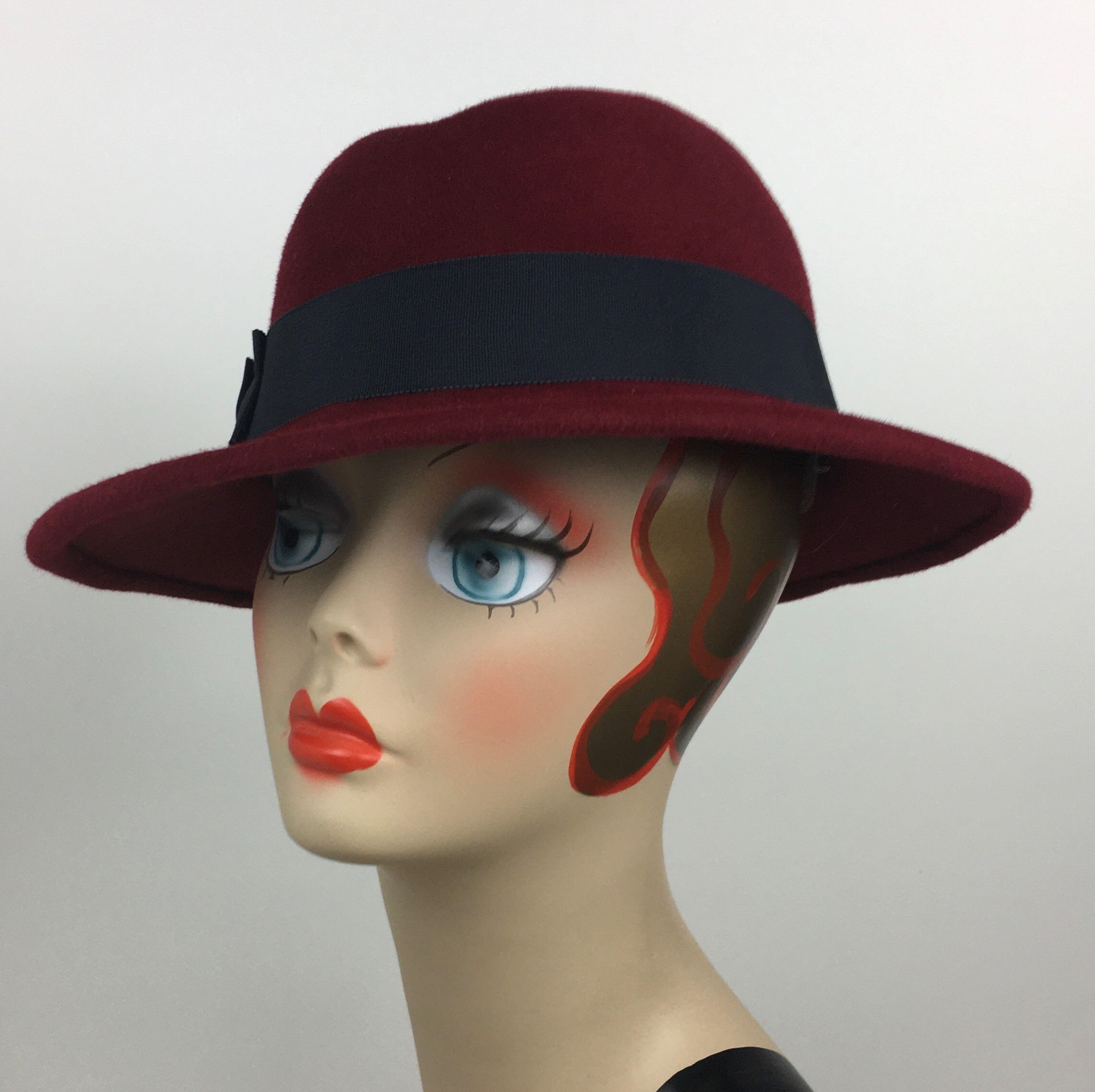 Handmade Woman's Fedora Hat Velour Felt Cranberry Navy Medium Classic ...