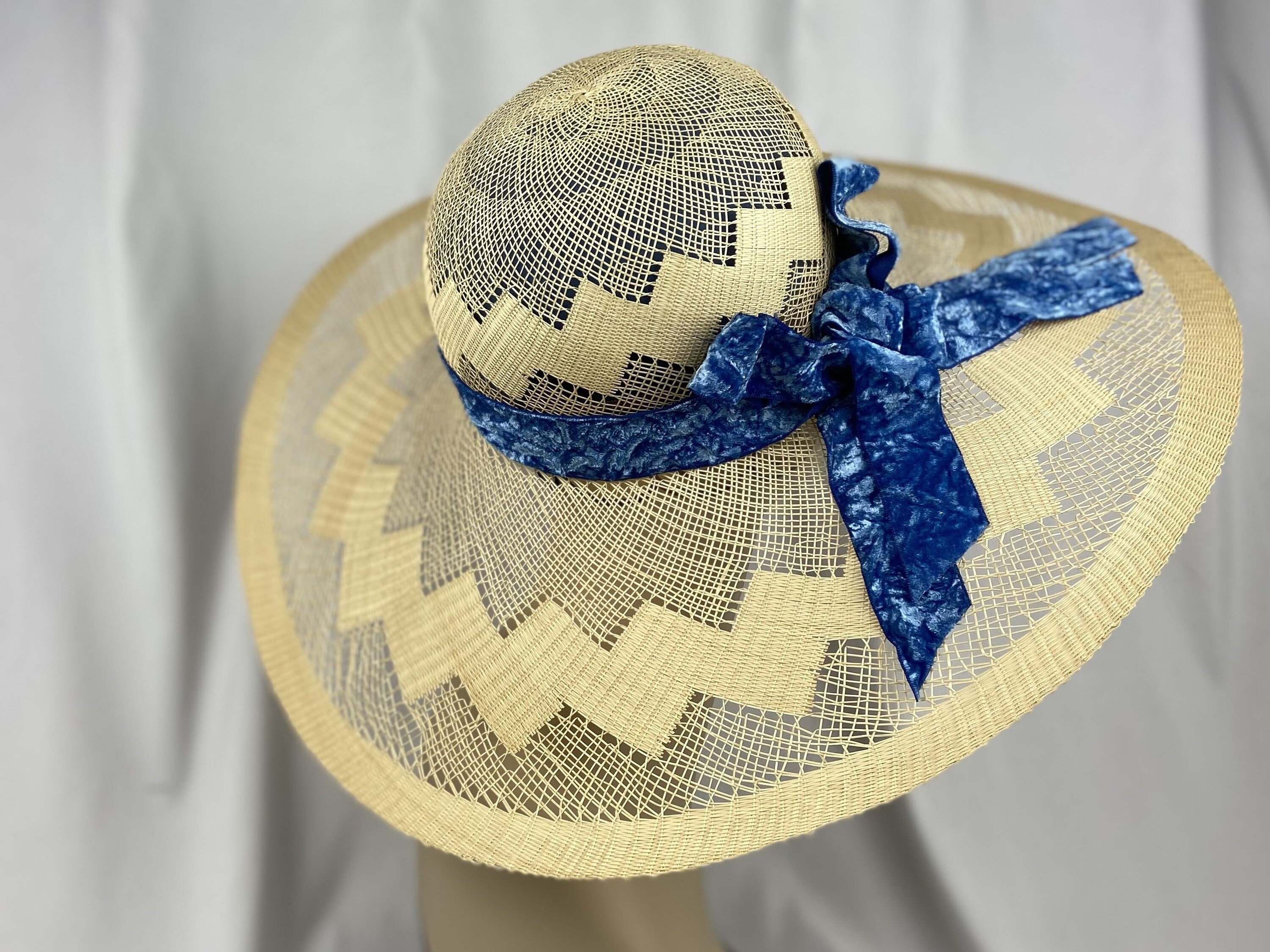 Open Weave Straw Hat, Natural Straw, Wide Brim, Blue Trim, Handmade ...
