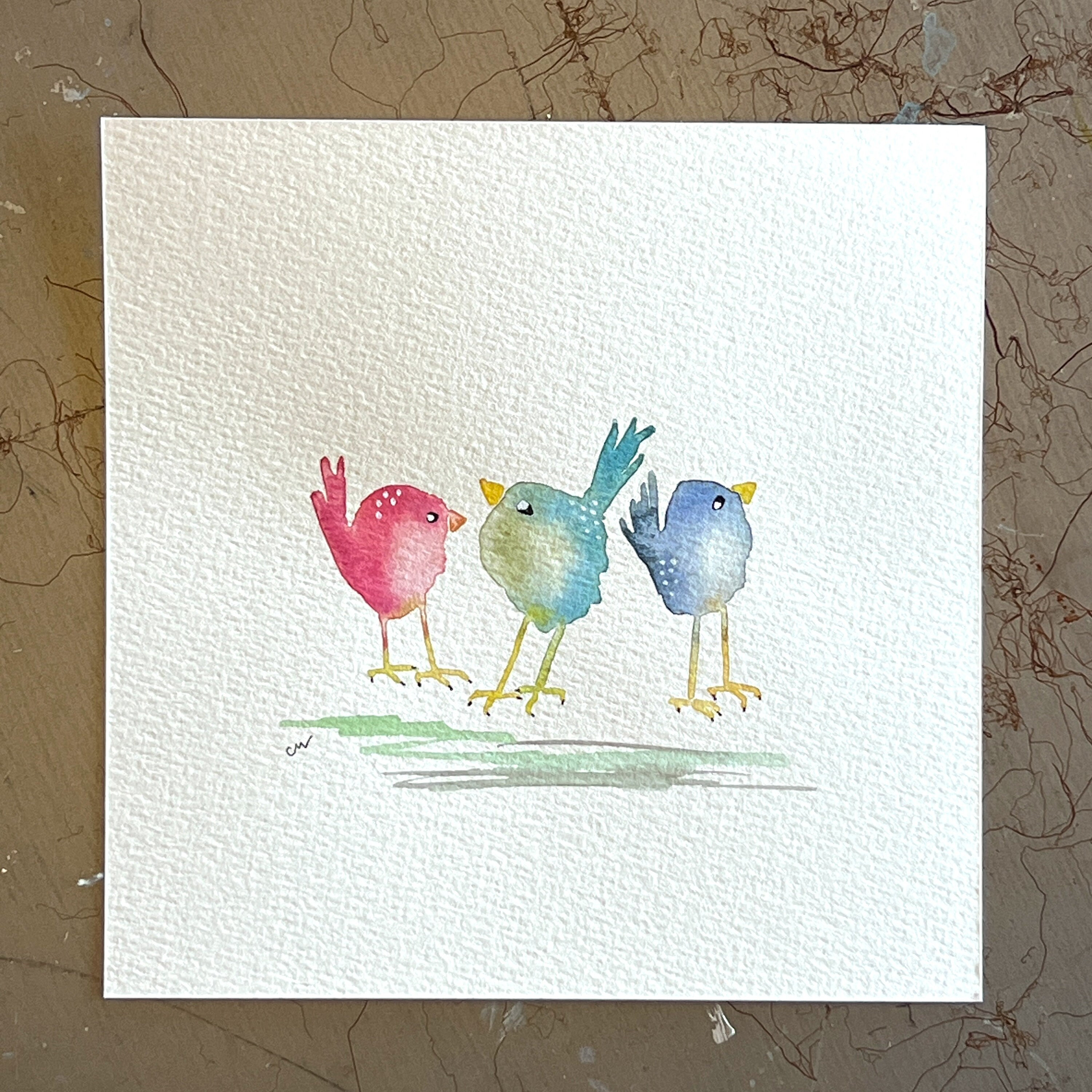 Original Watercolor of Quirky Bird Trio, Small Original Watercolor ...