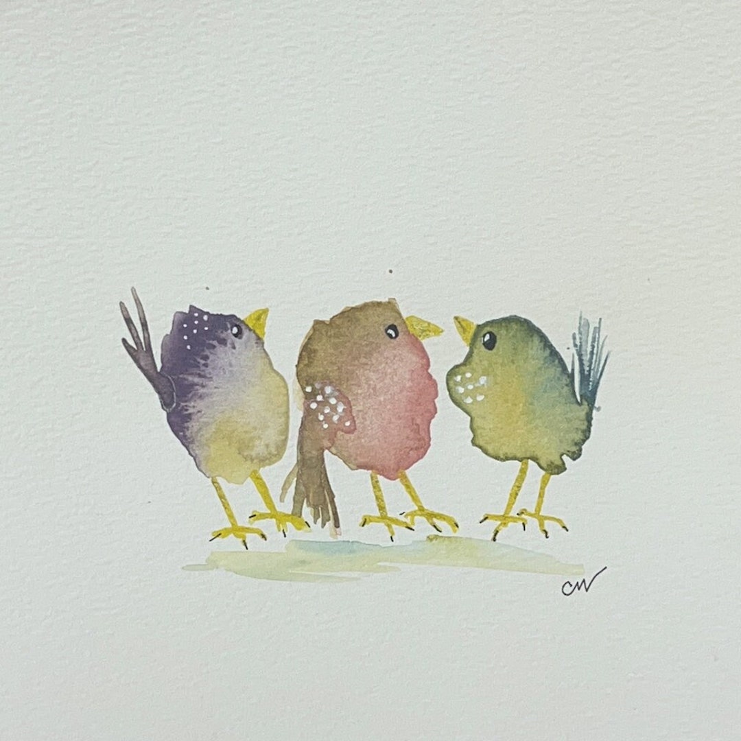 Original Watercolor of Quirky Bird Trio Small Original - Etsy