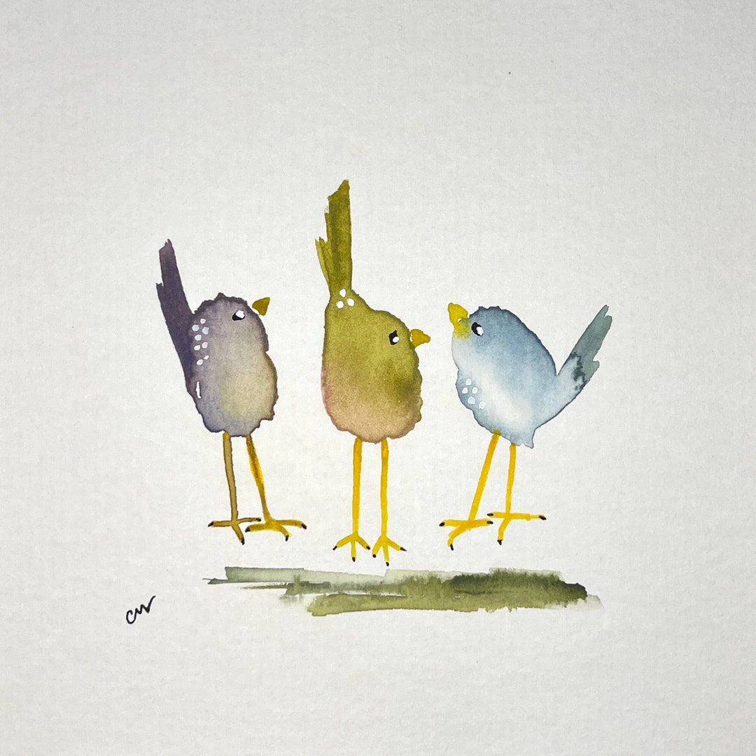 Original Watercolor of Quirky Bird Trio, Small Original Watercolor ...