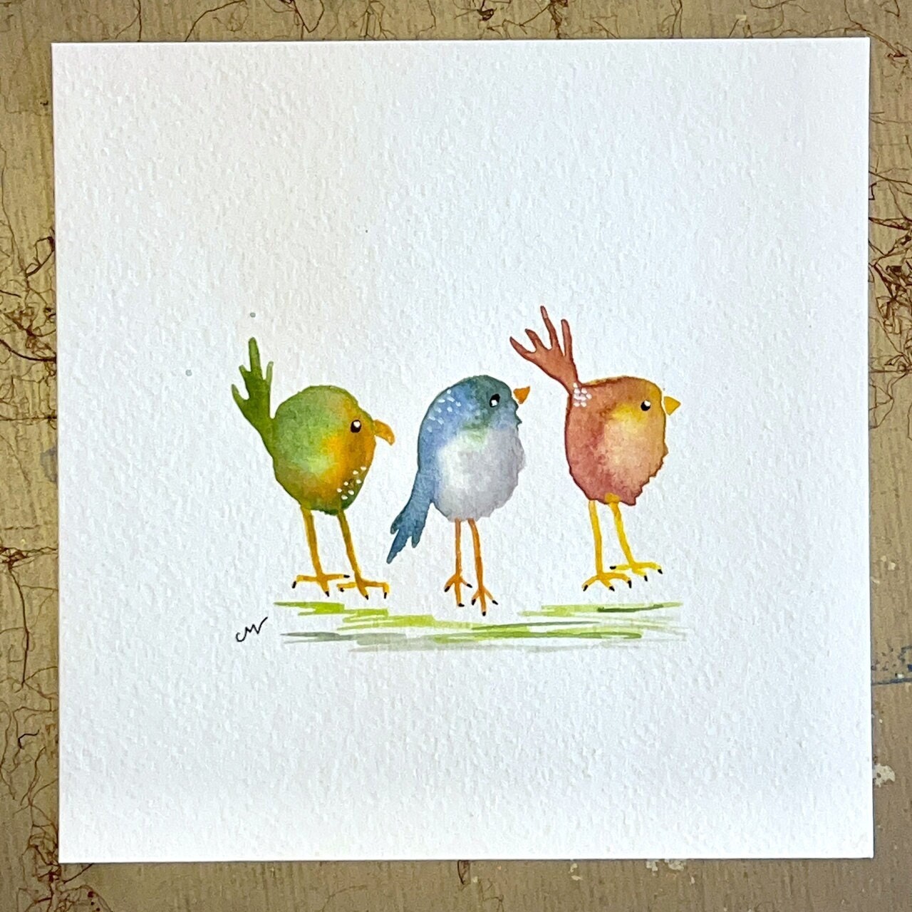 Original Watercolor of Quirky Bird Trio, Small Original Watercolor ...