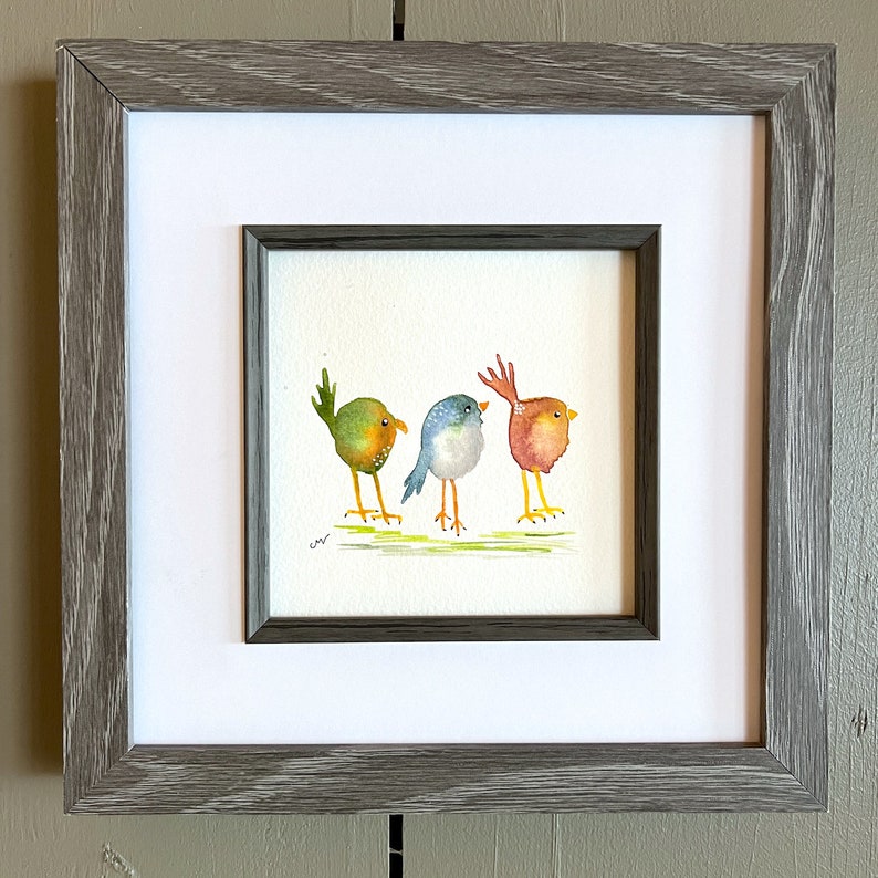 Original Watercolor of Quirky Bird Trio, Small Original Watercolor ...