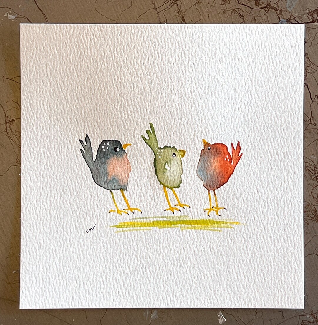 Original Watercolor of Quirky Bird Trio, Small Original Watercolor ...