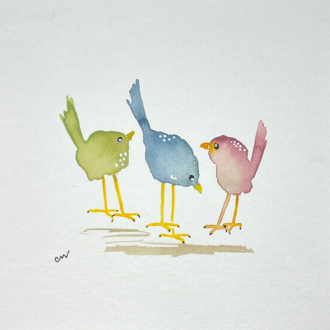 Original Watercolor of Quirky Bird Trio, Small Original Watercolor ...
