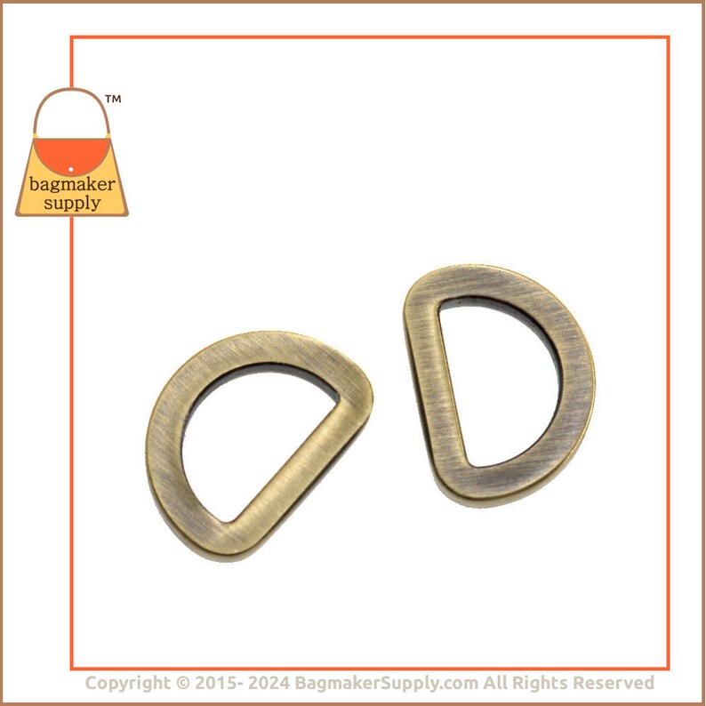 1/2 Inch Flat Cast D Ring, Light Antique Brass / Antique Gold Finish, 6 ...