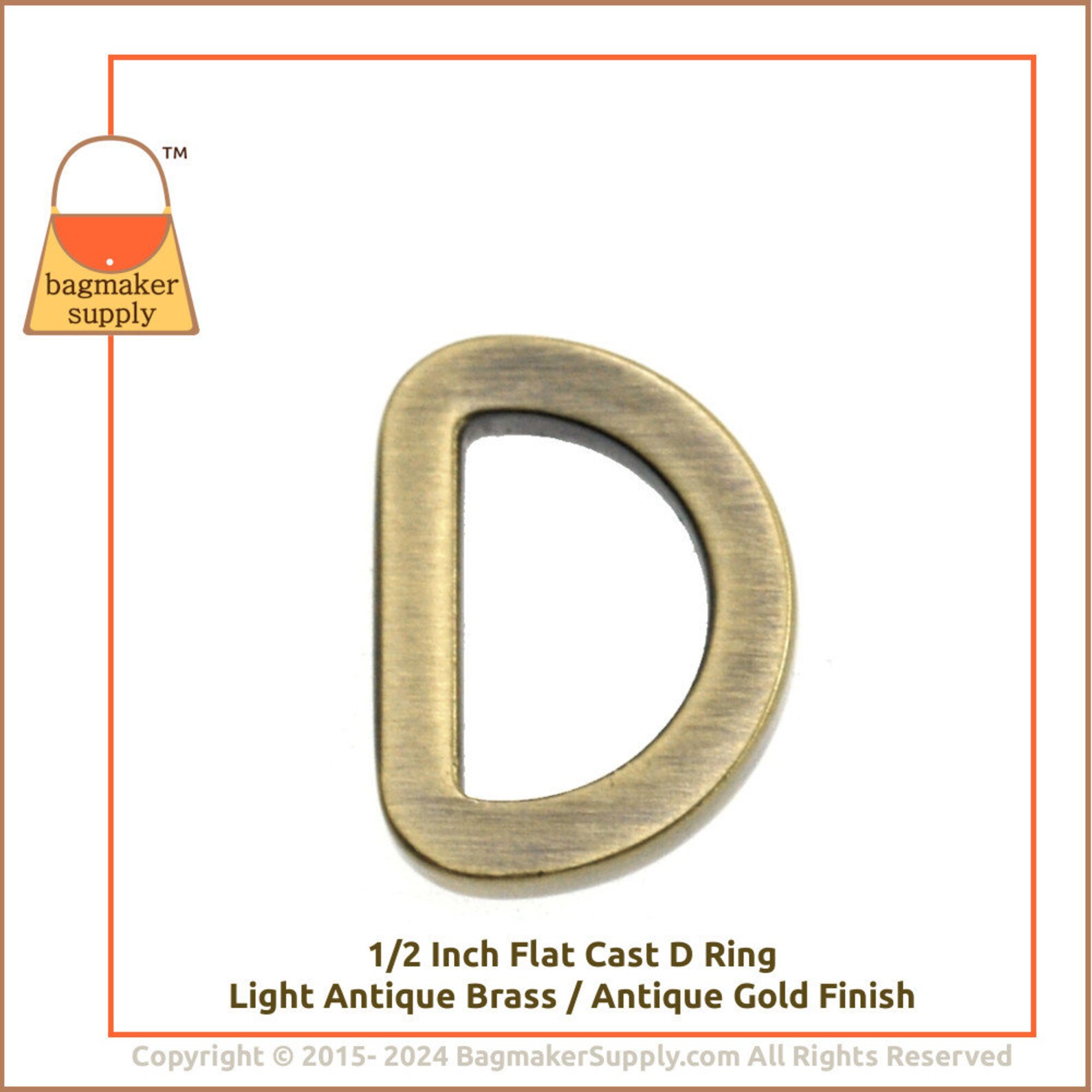 1/2 Inch Flat Cast D Ring, Light Antique Brass / Antique Gold Finish, 6 ...