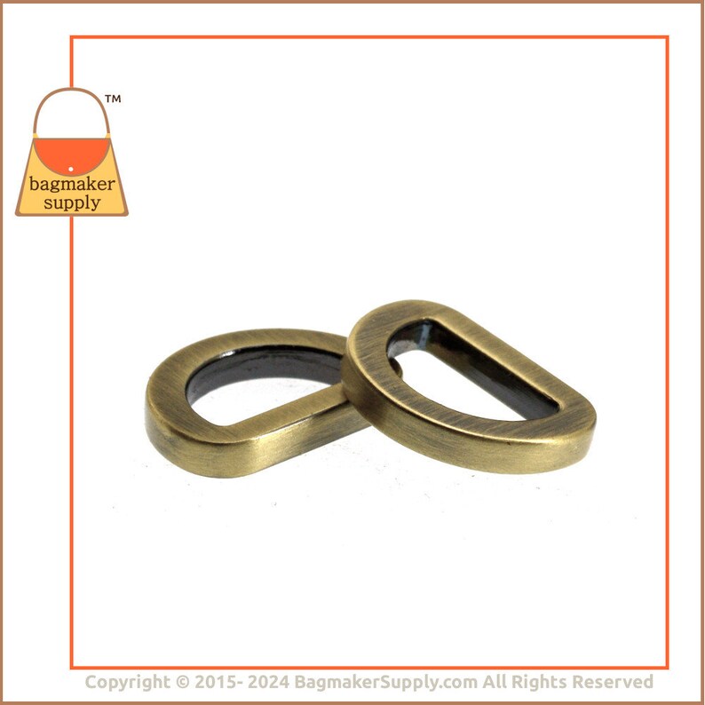 1/2 Inch Flat Cast D Ring, Light Antique Brass / Antique Gold Finish, 6 ...