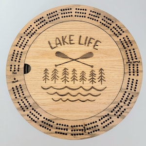 Laser Engraved Lake Life Scene 3 Track Wood Cribbage Board With Cards ...