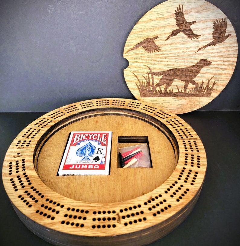 Laser Engraved Hunting Dog and Pheasants 3 Track Wood Cribbage Board ...