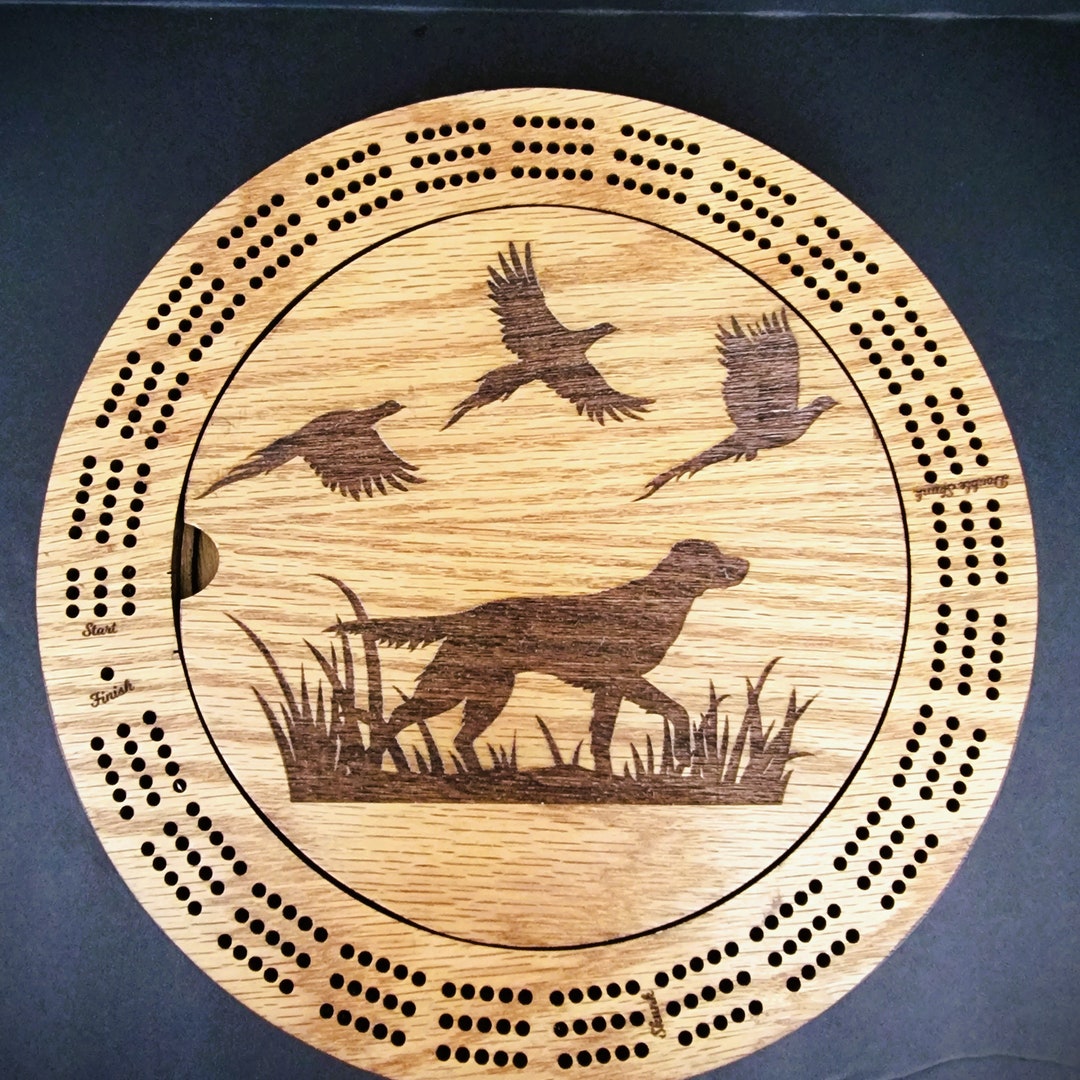 Laser Engraved Hunting Dog and Pheasants 3 Track Wood Cribbage Board ...