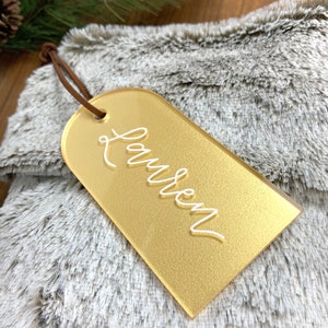 Gold Arch Acrylic Name Tag With Custom Script Hanging Modern Stocking ...
