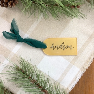 Gold Arch Acrylic Name Tag With Custom Script Hanging Modern Stocking ...
