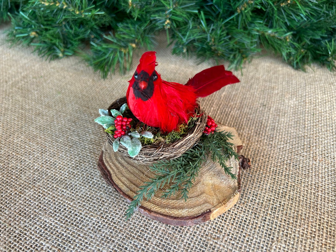Red Bird in Nest on Wood Slice Cardinal on Wood Slice Handcrafted ...