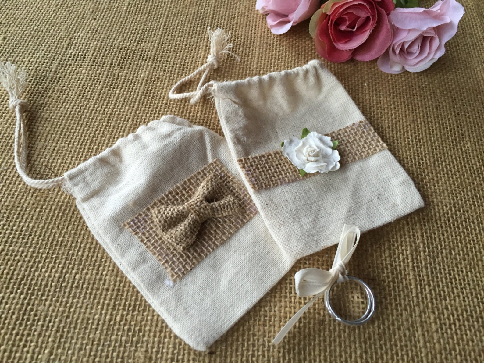 Ring Bearer Ring Bags Set His and Her Wedding Accessory Rustic Rose Bow ...