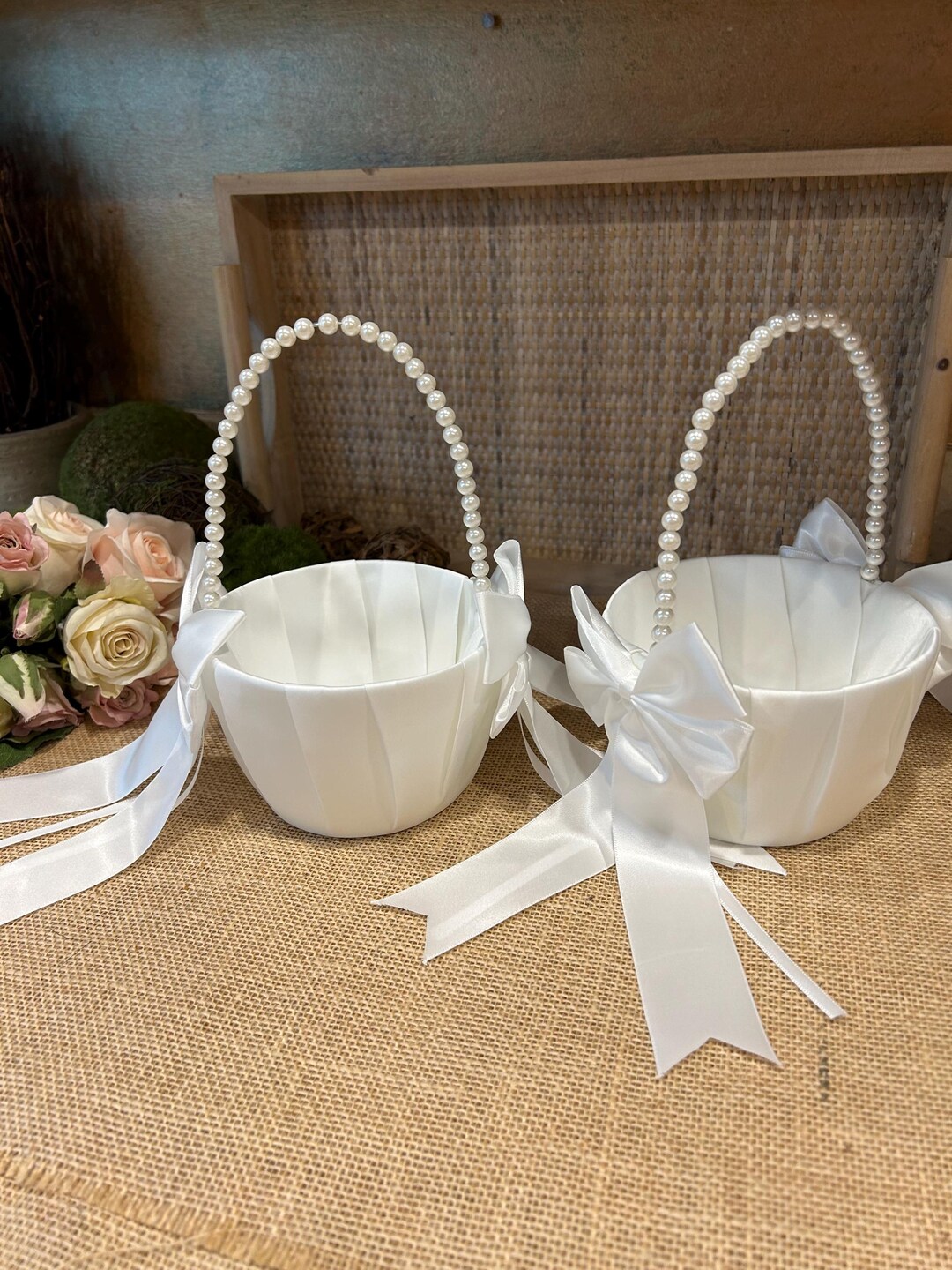 Flower Girl Basket With Pearl Handles White Satin Basket for Toddler ...