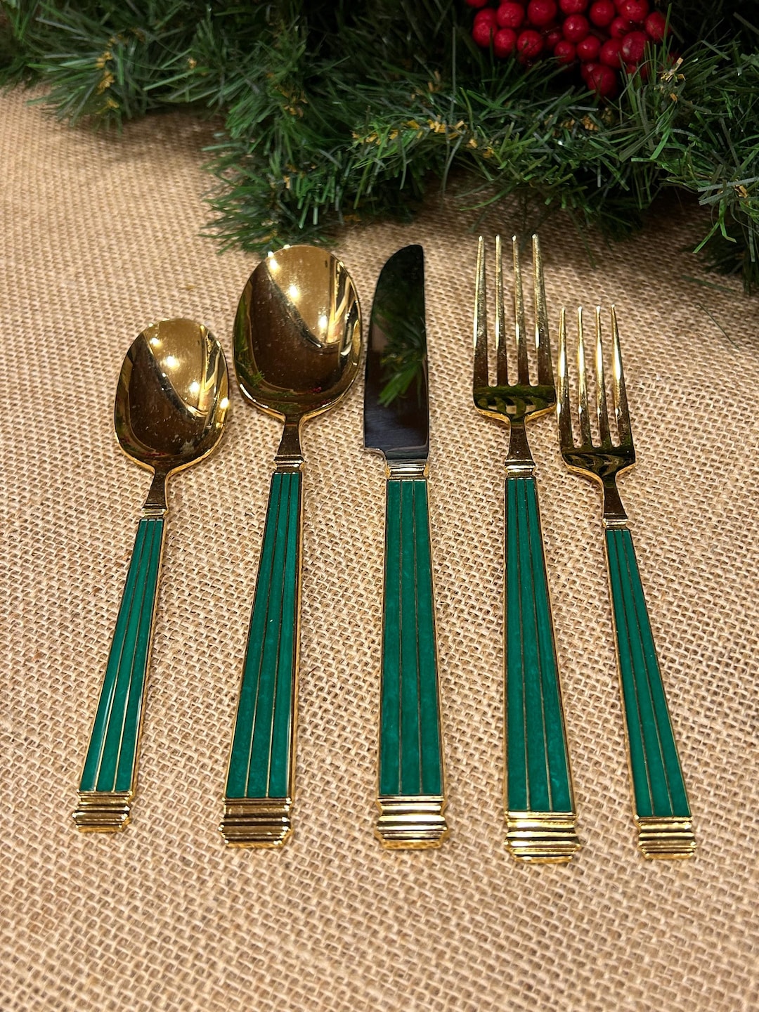 Vintage High End Silverware Luxury Designer Flatware Gold and Green ...