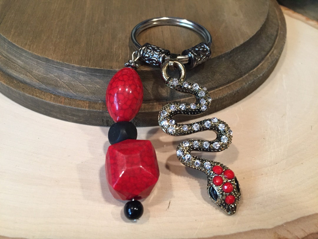 Snake Key Chain/ Rhinestone Snake Key Chain/ Snake With Red Beads/ Key ...