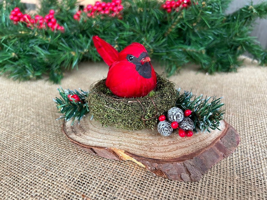 Red Bird in Nest on Wood Slice/ Red Bird Decor/ Cardinal - Etsy