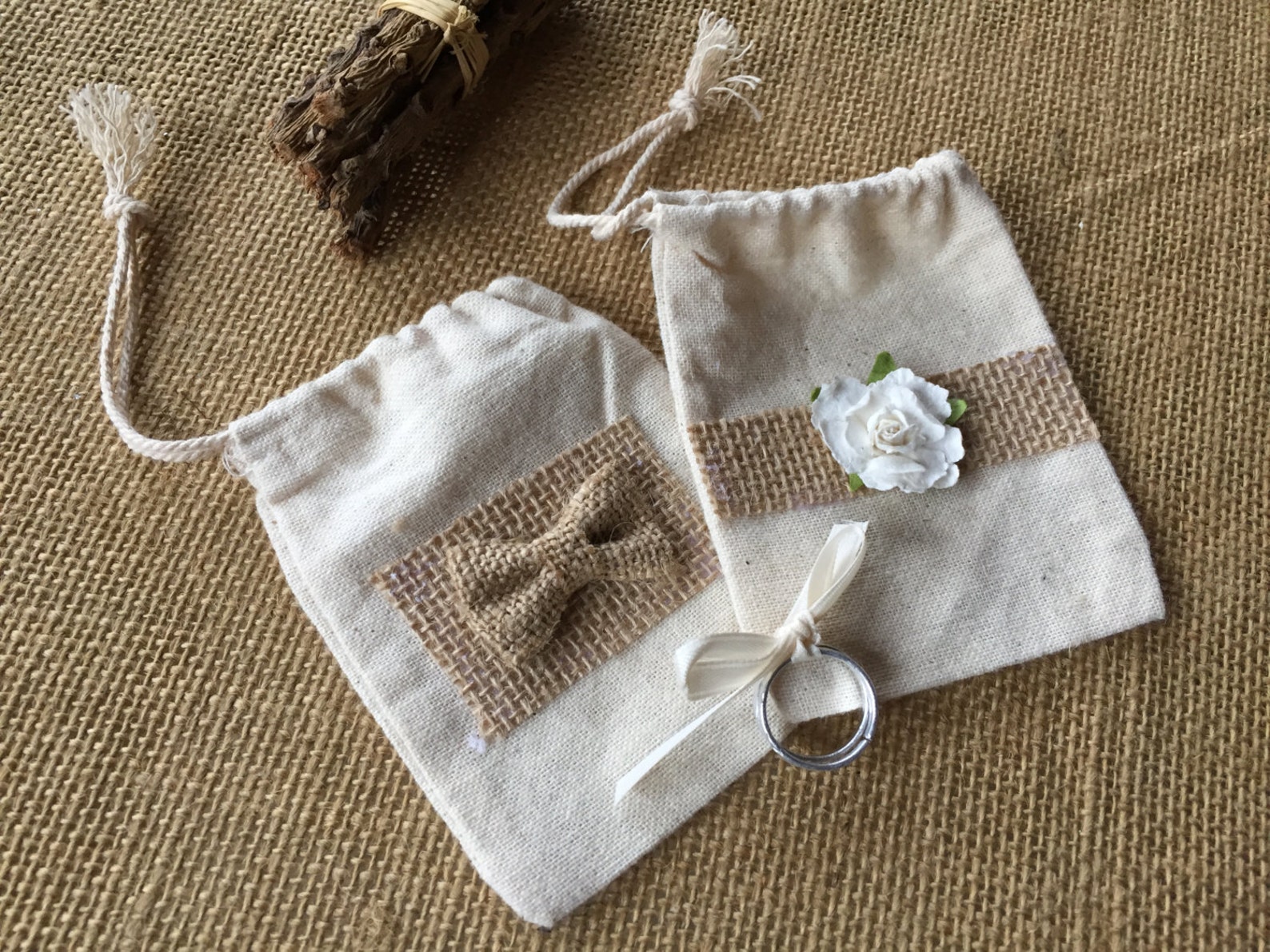 Ring Bearer Ring Bags Set His and Her Wedding Accessory Rustic Rose Bow ...