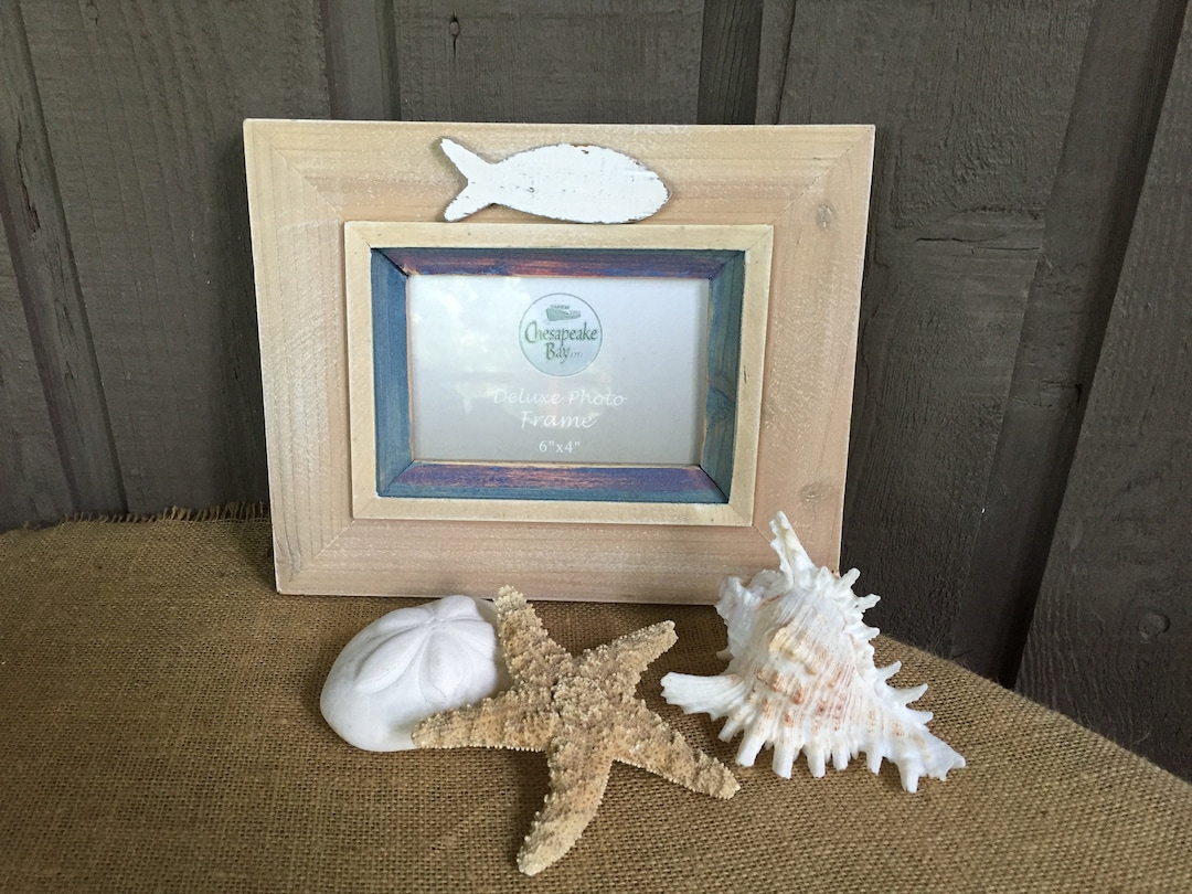 Nautical White Washed Wood Frame Vintage Frame With Wood Fish Decorated ...