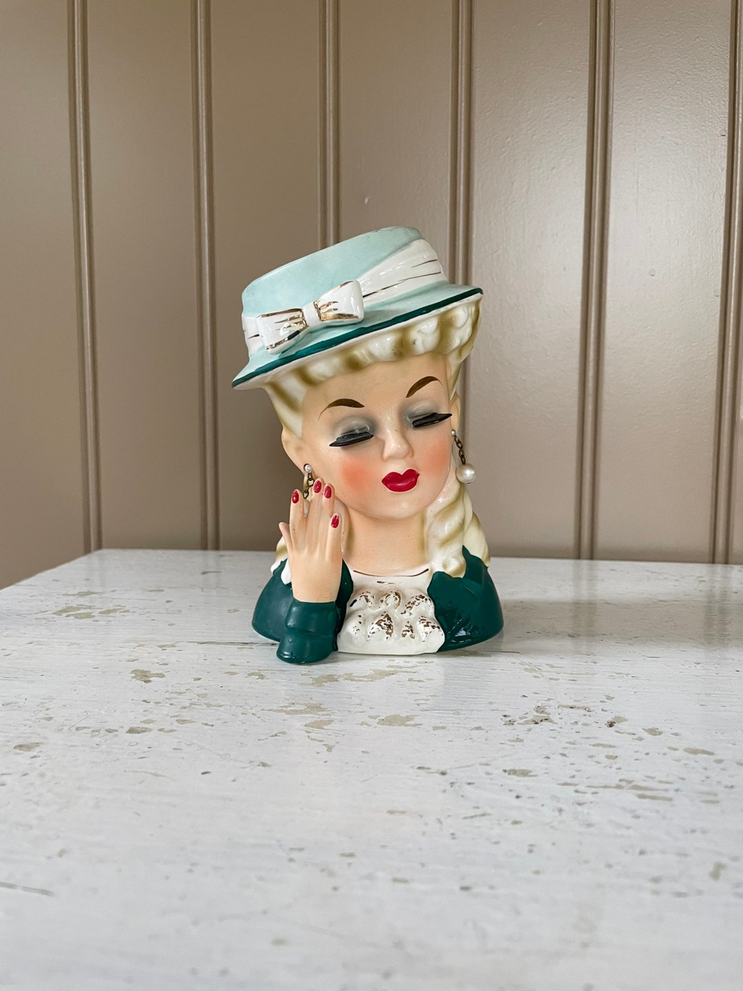 Enesco Glamorous Lady Head Vase With Hand, Earrings and Hat Original ...